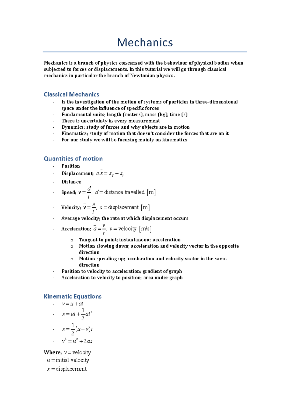 9347 Mechanics: Classical Physics and Kinematics Overview - Studocu