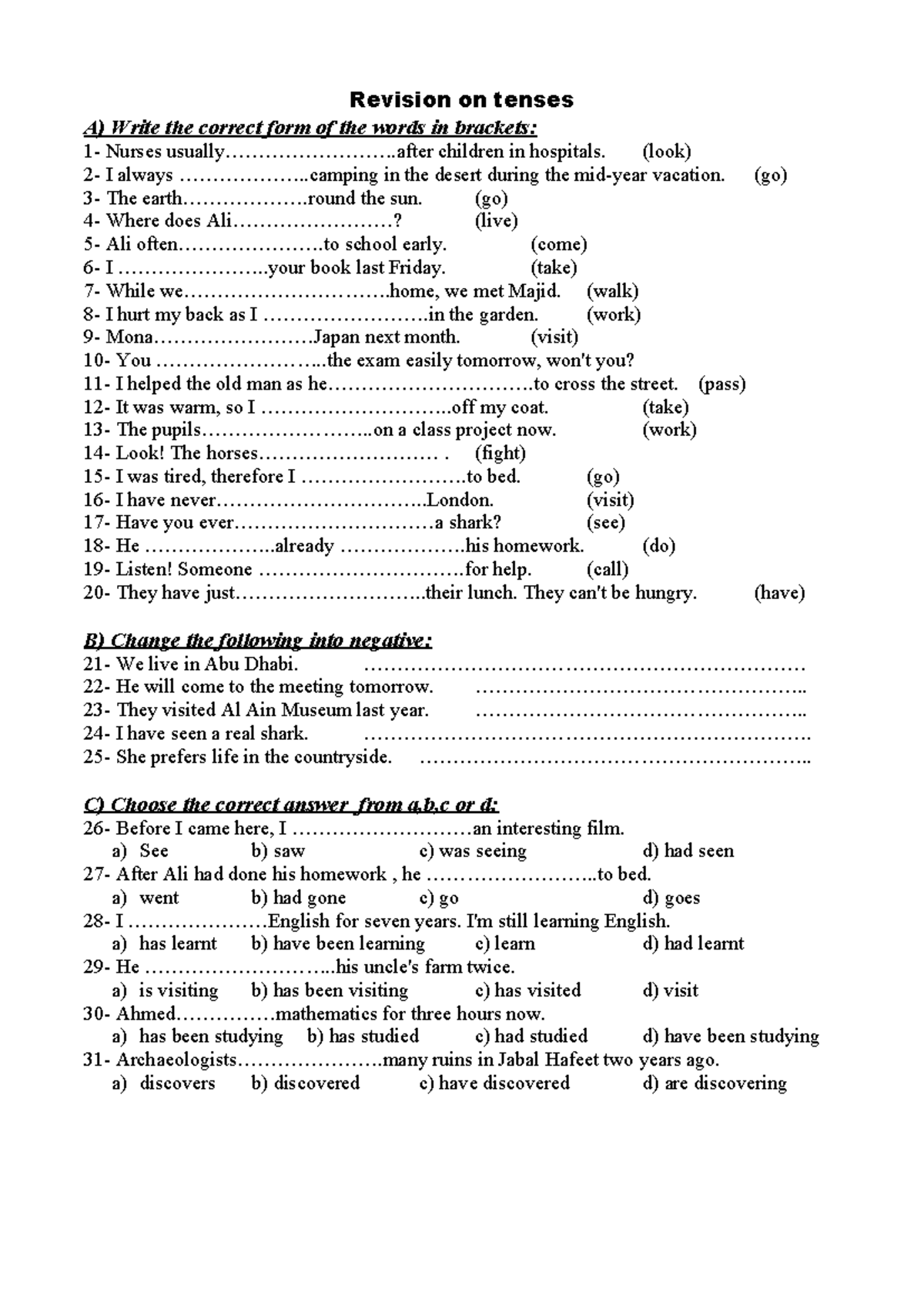 Revision on Tenses - English Grammar Exercises - Studocu