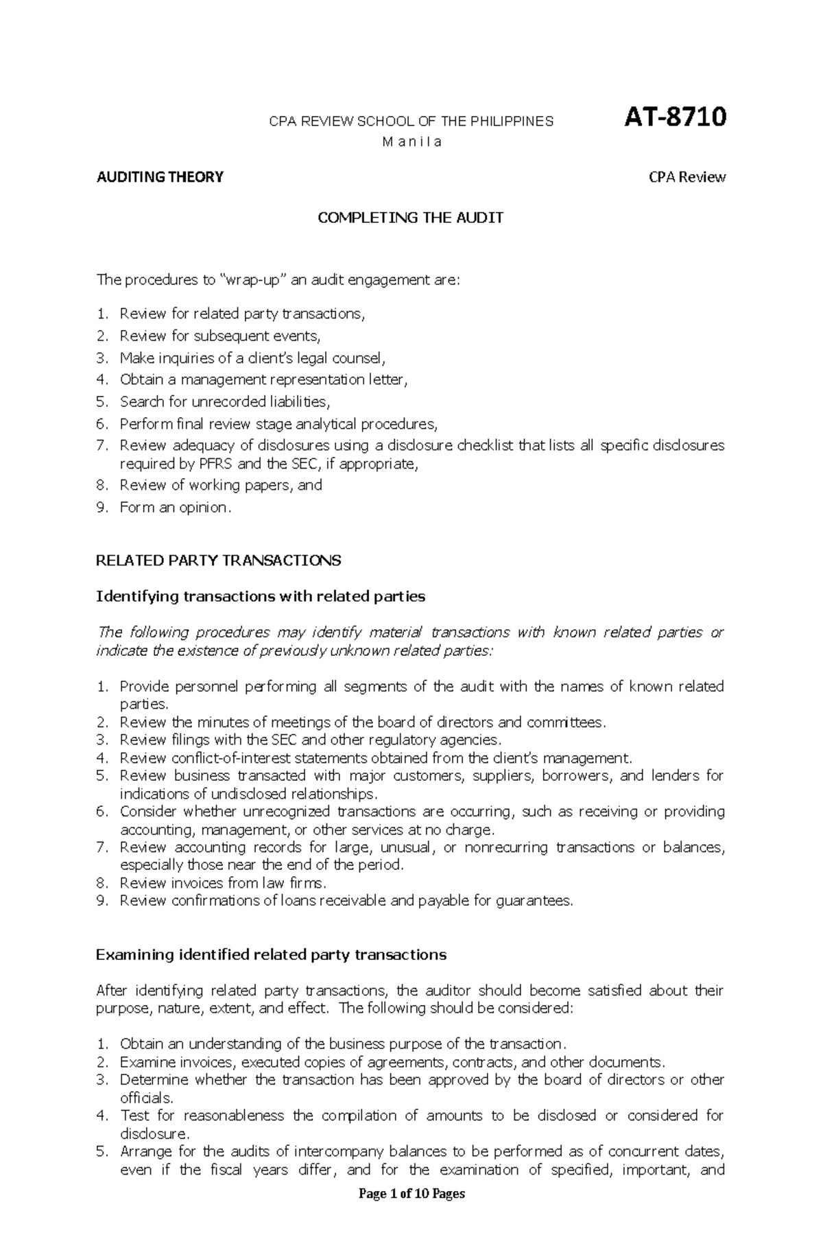 CPA Review: Auditing Theory - Completing the Audit Procedures - Studocu