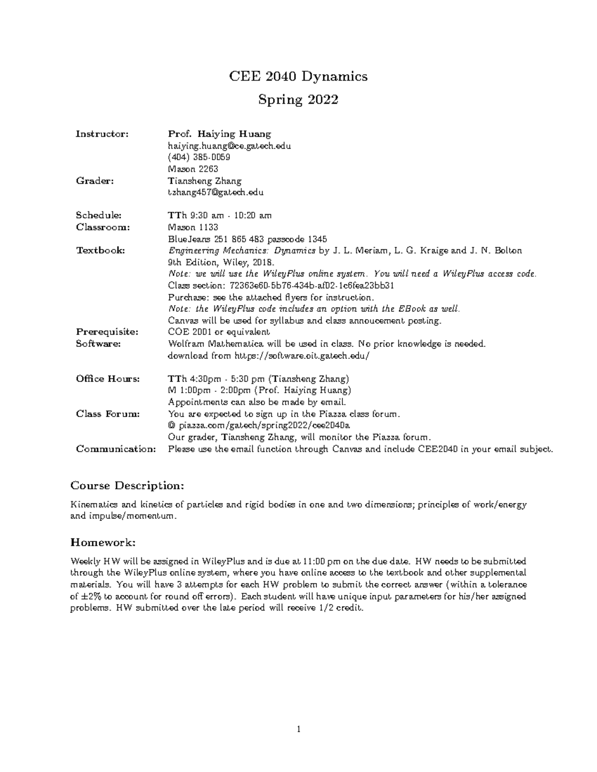 Syllabus for CEE 2040: Dynamics - Spring 2022 Overview - Studocu