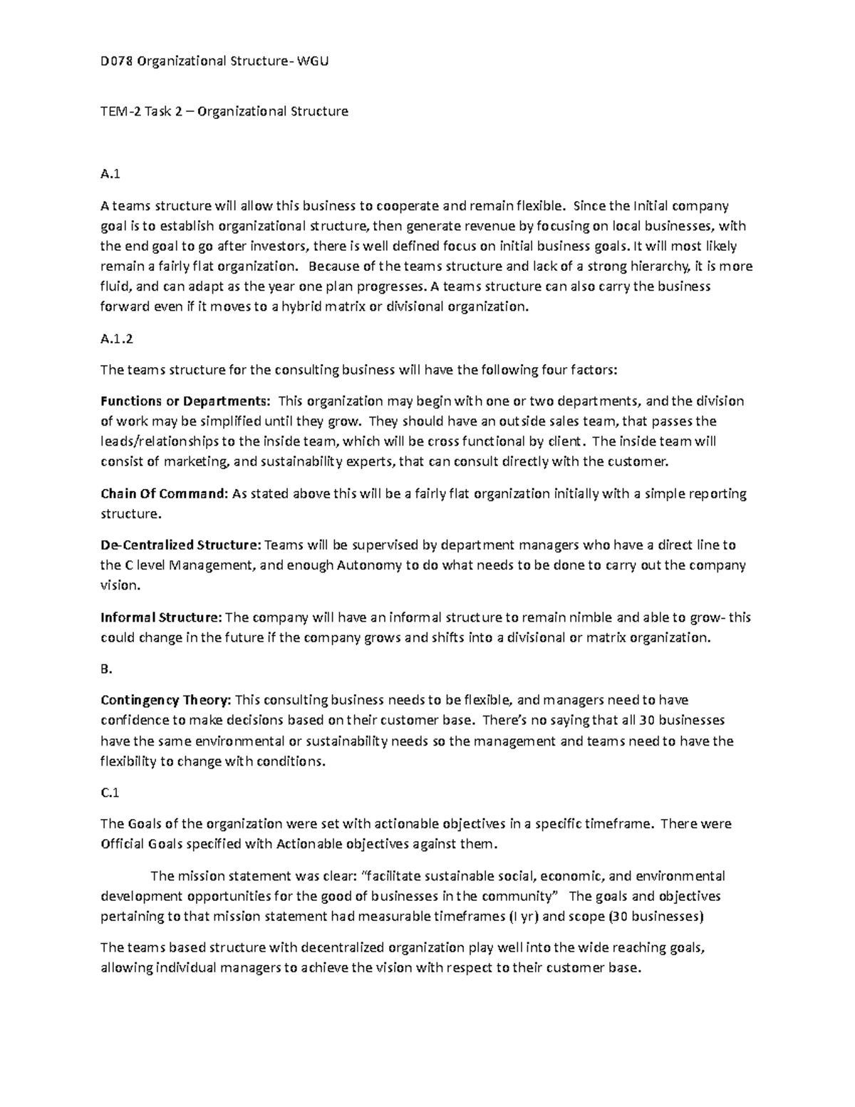 D078 Organizational Structure Analysis - WGU Task 1 Overview - Studocu