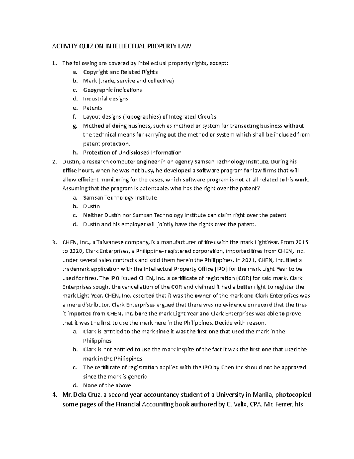 Activity QUIZ ON Intellectual Property LAW - ACTIVITY QUIZ ON ...