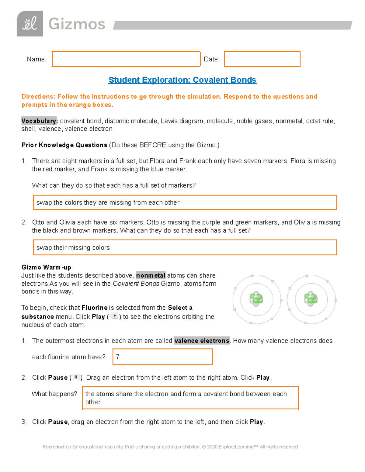 Covalent Bonds Exploration: Gizmo Activity & Student Guide - Studocu