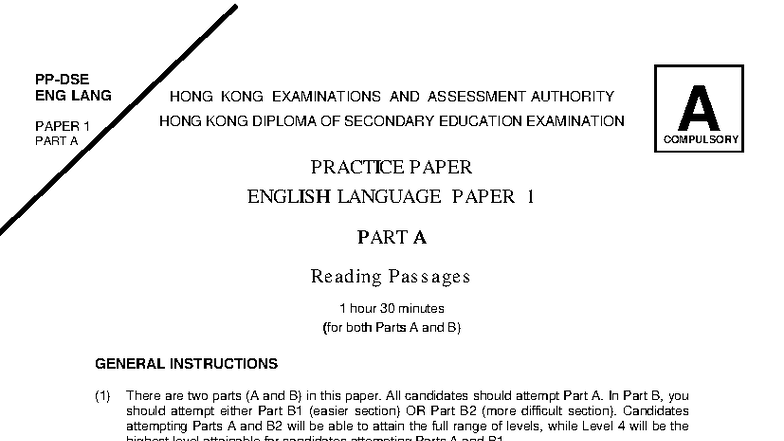 HKDSE ENGLISH LANGUAGE PAPER 1 PART A & B1 PRACTICE PAPER - Studocu