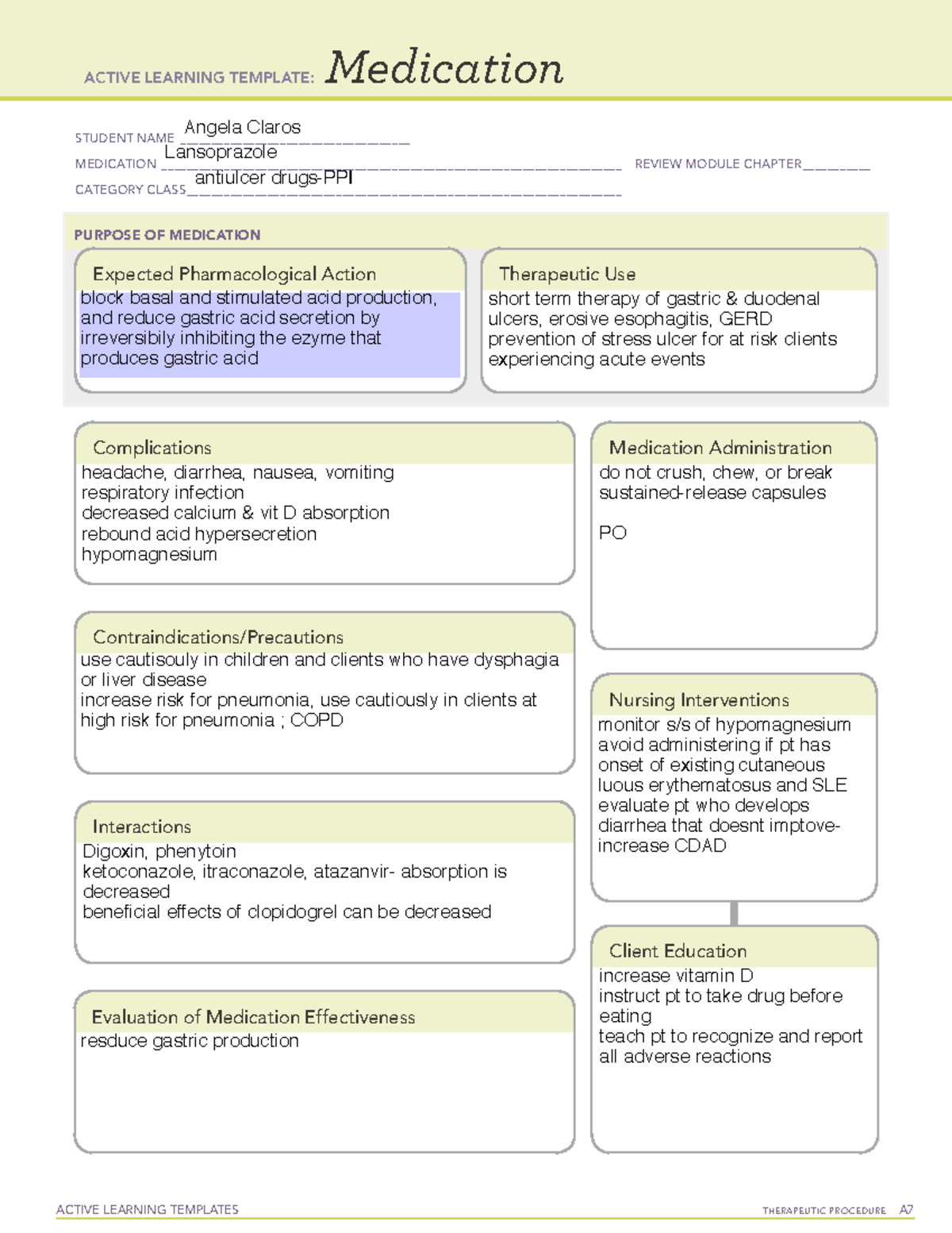 Lansoprazole: Active Learning Template for Therapeutic Procedures - Studocu