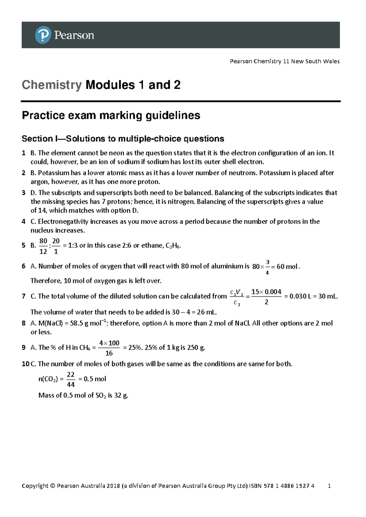 Chemistry Modules 1 and 2 Marking Guidelines - Pearson Chemistry 11 New ...