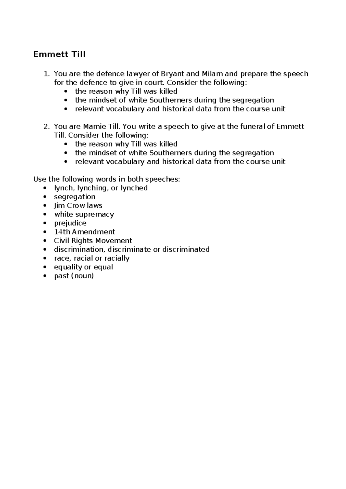 Emmett Till Case Study: Defense and Funeral Speeches - Fedt - Studocu