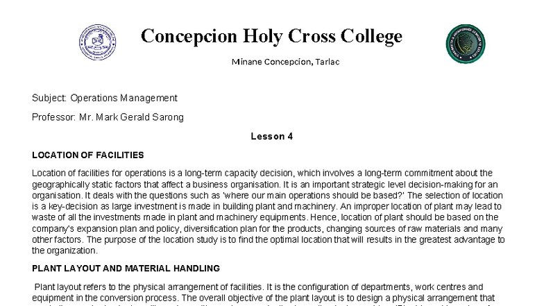 Operations Management (OM) Lesson 4: Location, Layout, and Design - Studocu