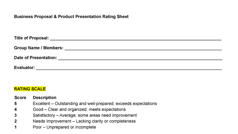 Business Proposal Presentation Rating Sheet - Group Evaluation - Studocu