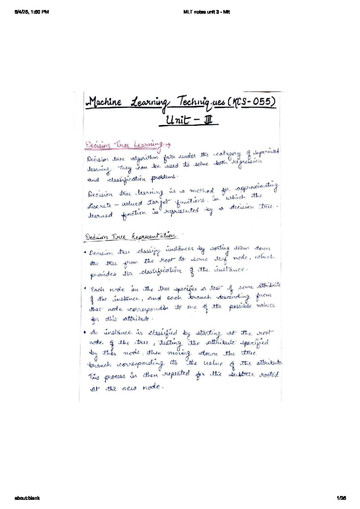 MLT UNIT 3 - Decision Tree Learning Techniques and Algorithms - Studocu