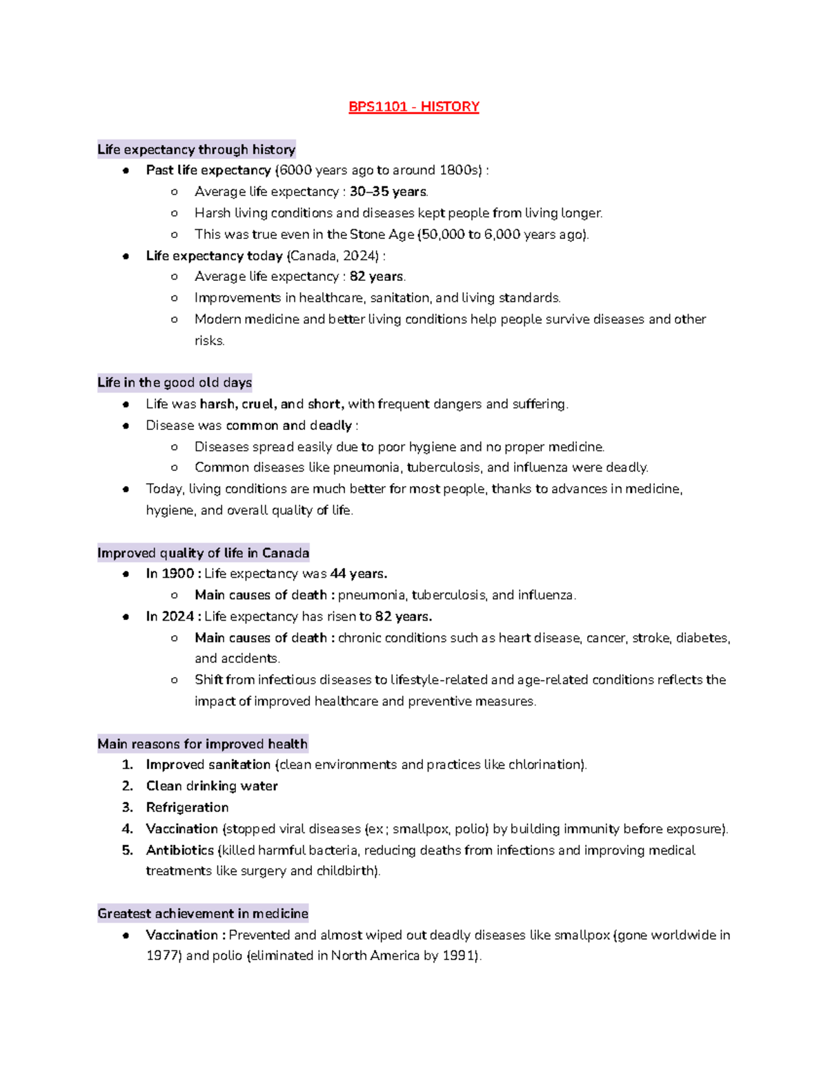 BPS1101 - Final Exam Study Guide: Life Expectancy, Health Advances, and ...