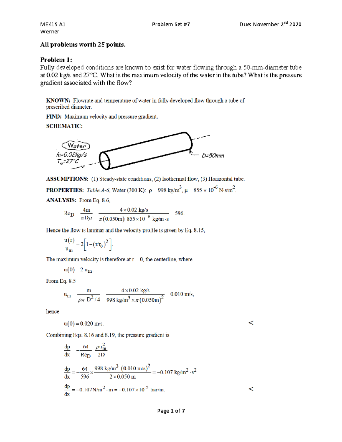 ME419 SP2021 Problem Set 7 Solutions: Fluid Flow & Heat Transfer - Studocu