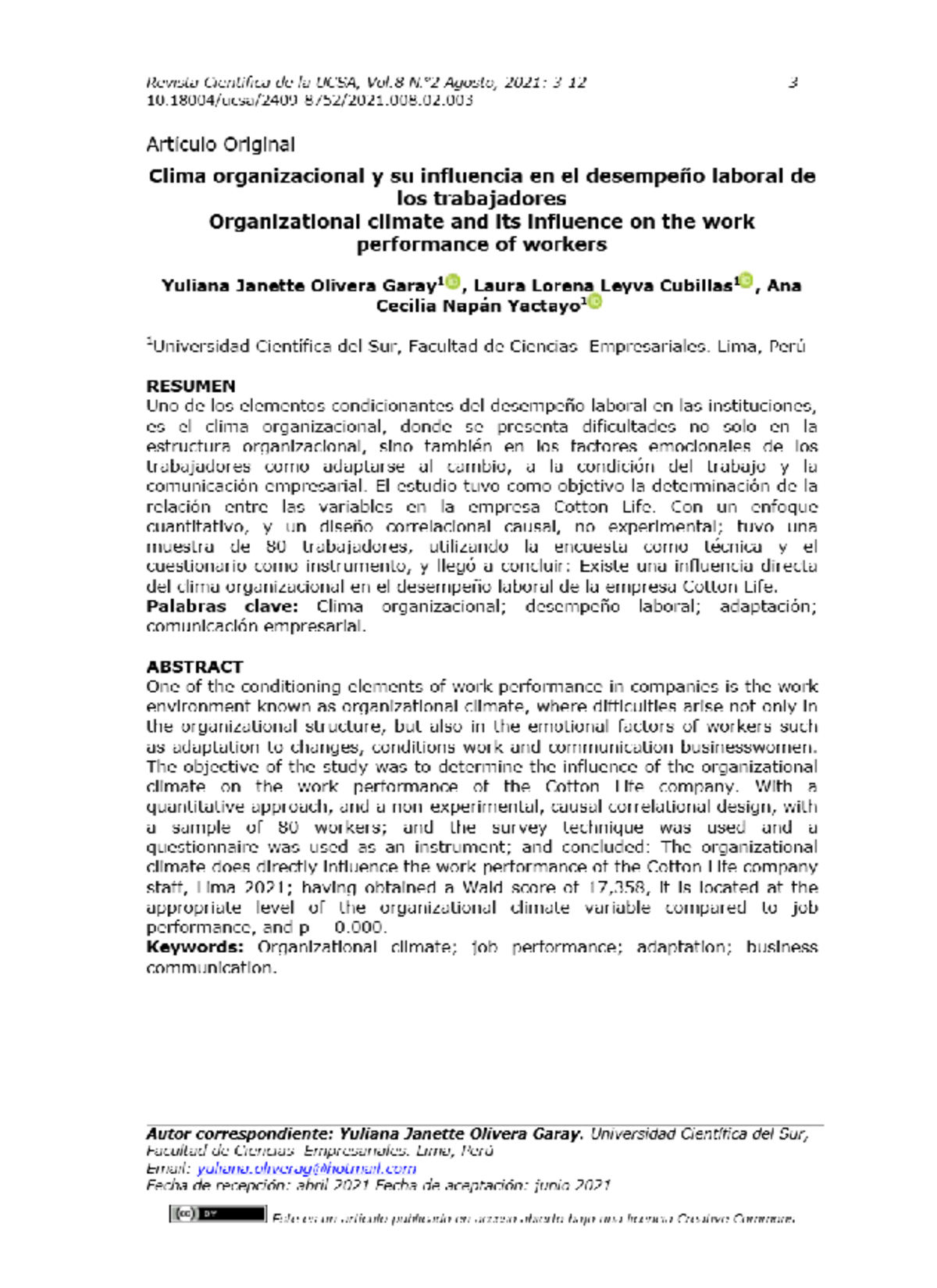 Influencia del Clima Organizacional en el Desempeño Laboral - UCSA 2021 ...