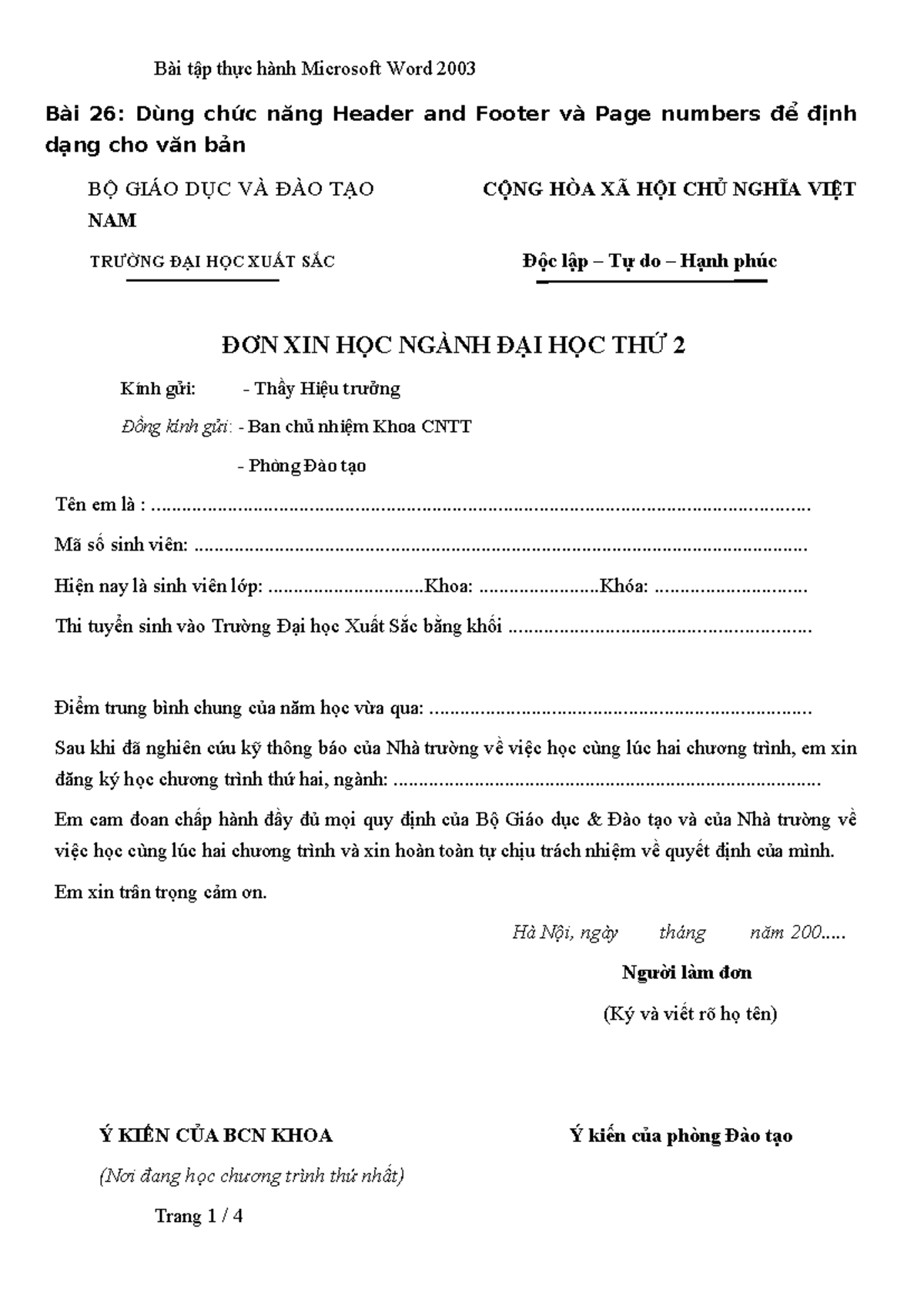 Bài Tập Thực Hành MS Word 2003: Header, Footer & Page Numbers - Studocu