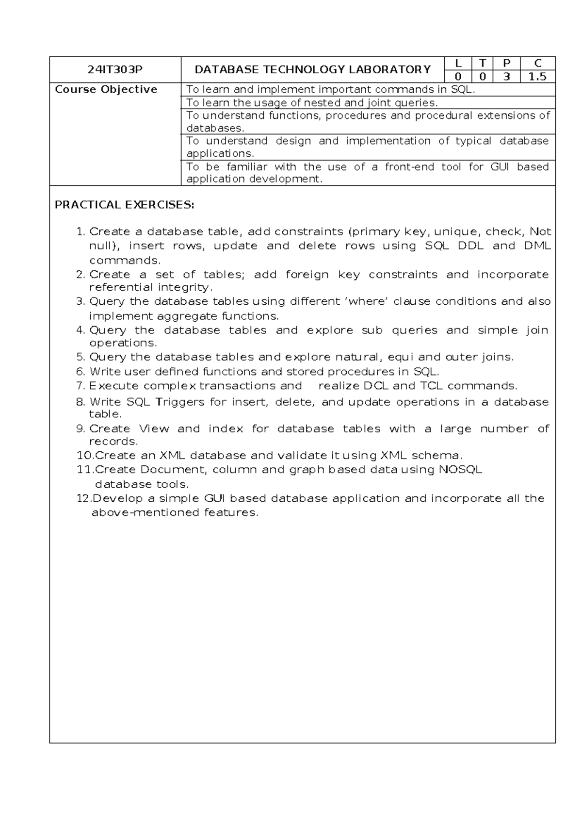 24IT303P Database Technology Lab: Practical Exercises Overview - Studocu
