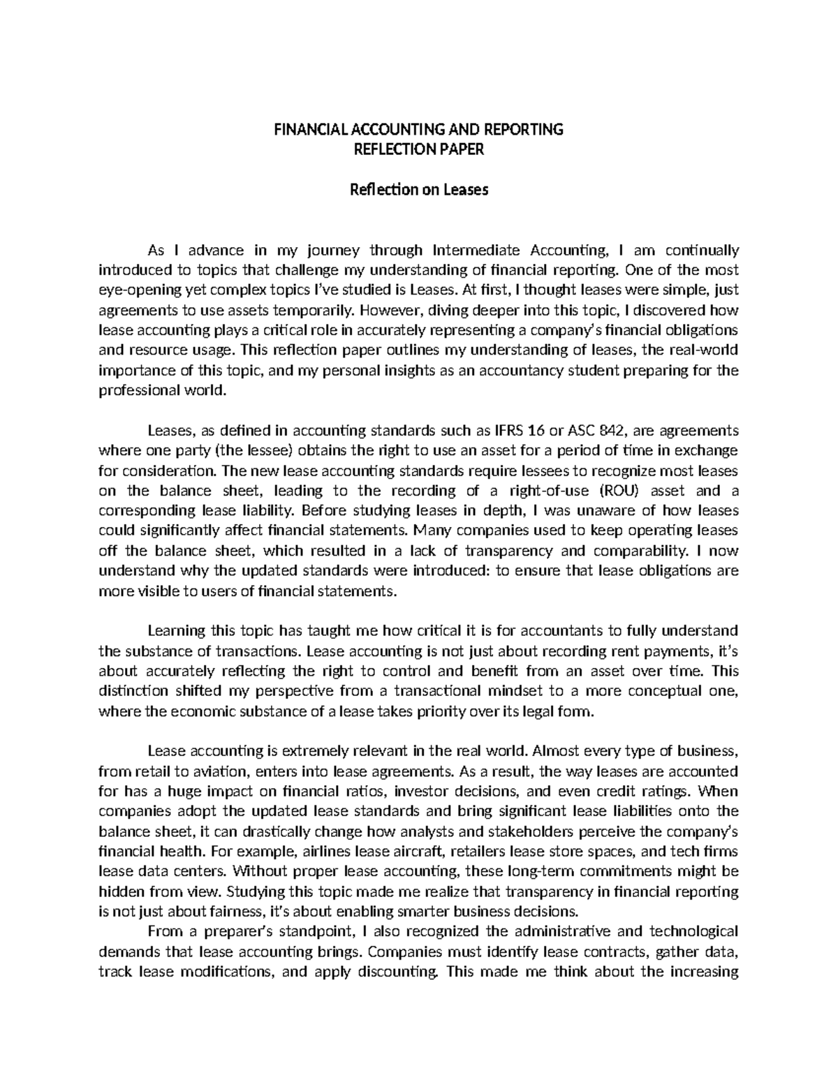 FIN 301: Reflection on Leases in Financial Accounting and Reporting ...