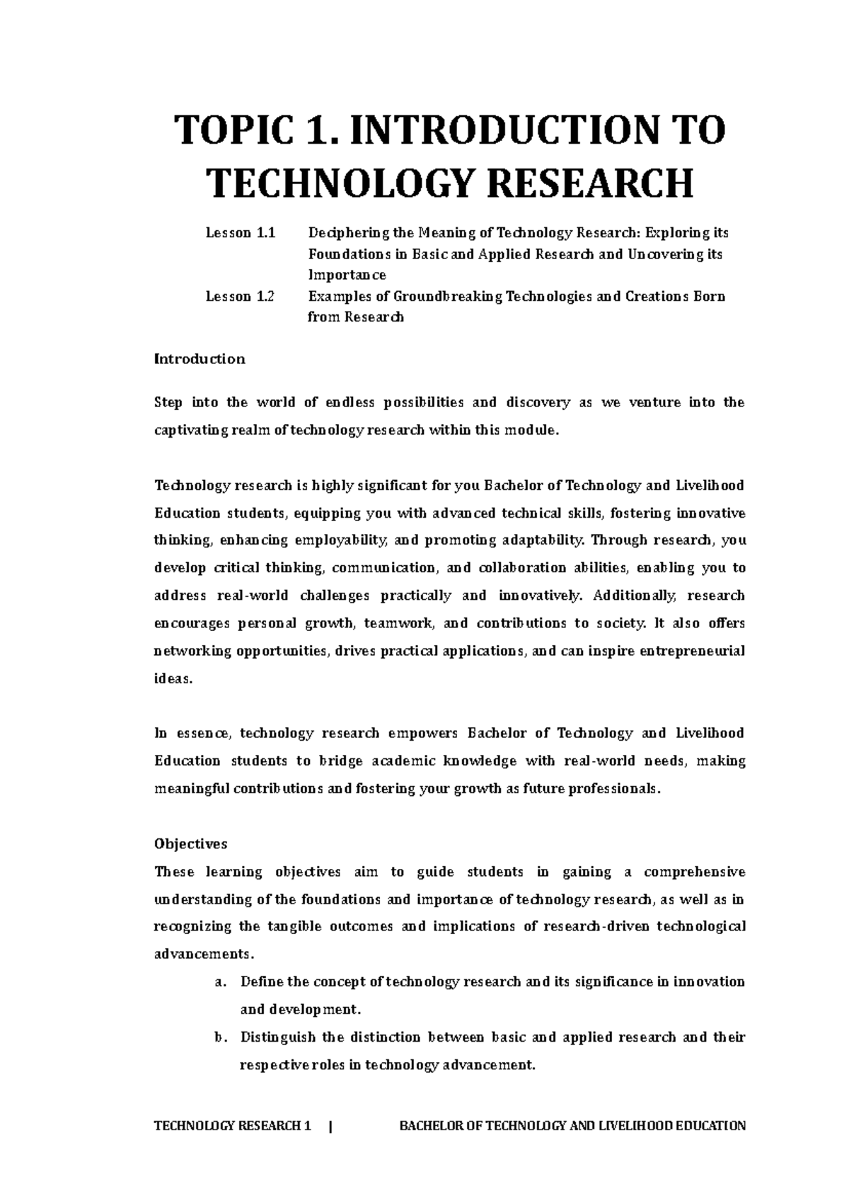 Introduction to Technology Research: Overview and Innovations in TL 101 ...