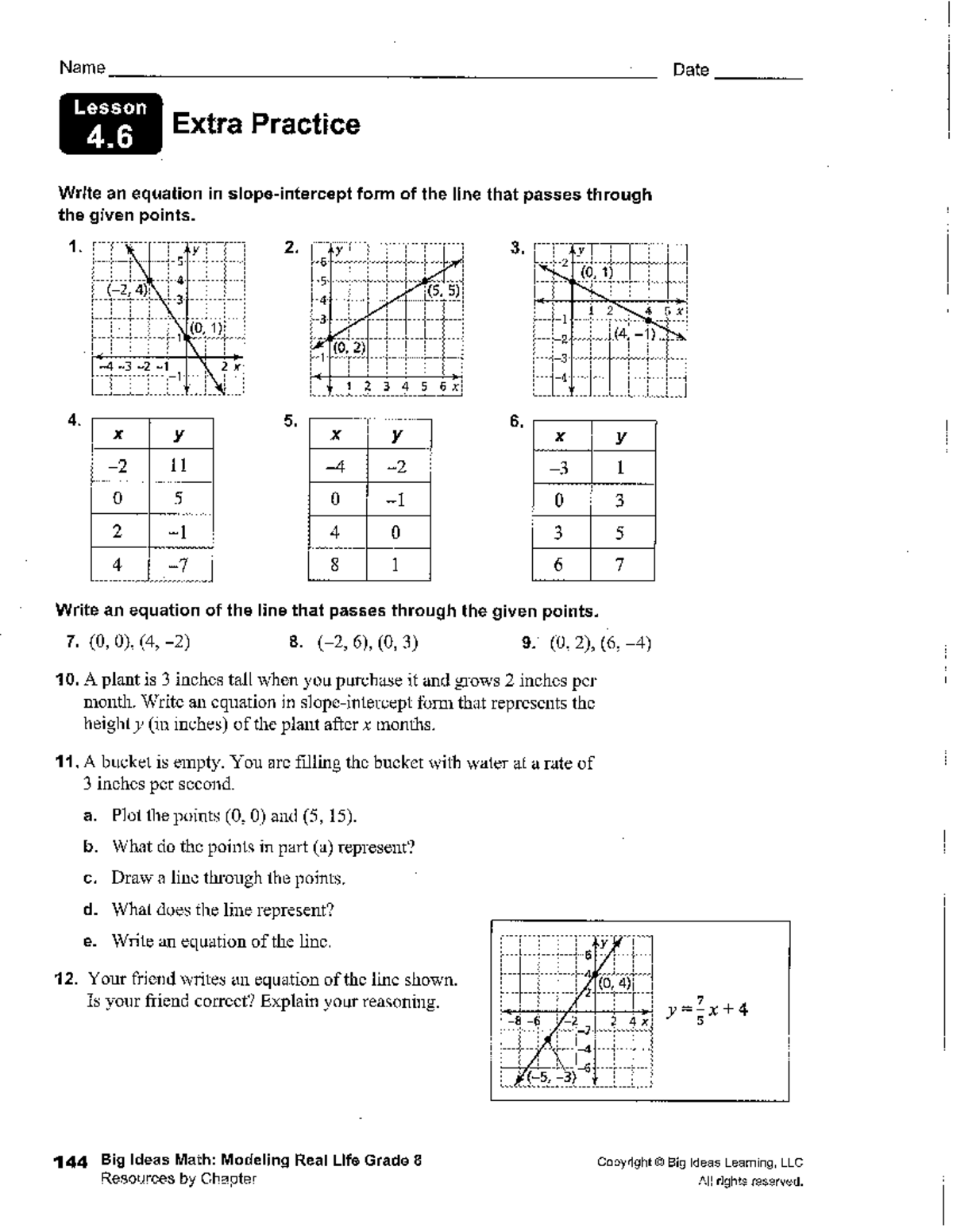 Math8 4.6 Extra Practice: Writing Equations of Lines - Studocu
