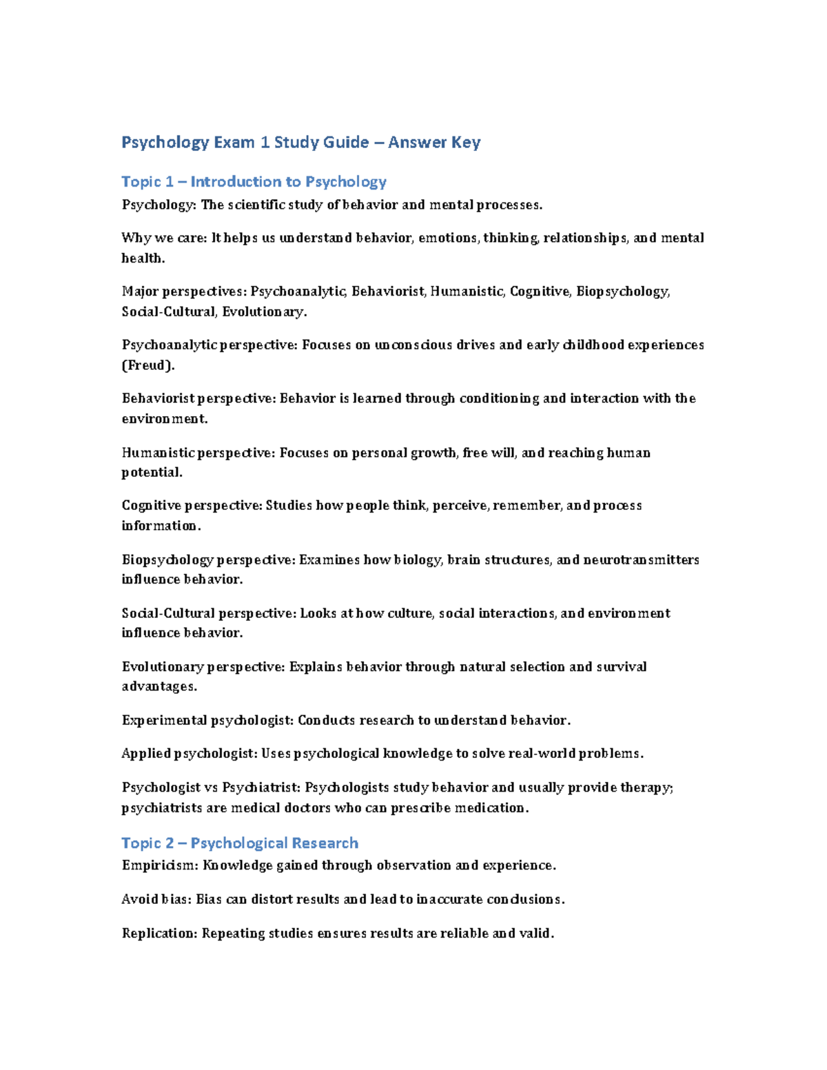 Psychology Exam 1 Study Guide – Answer Key - Studocu