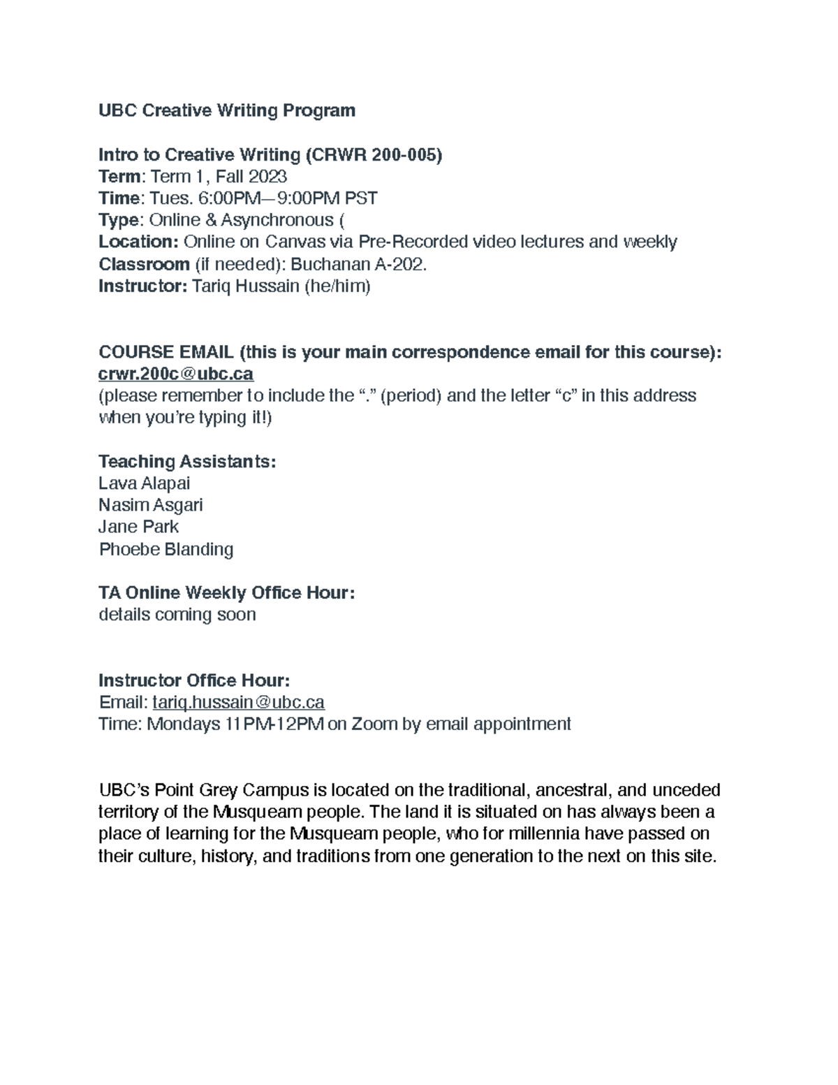 CRWR 200-005 T1 2023 Intro to Creative Writing Syllabus - Studocu