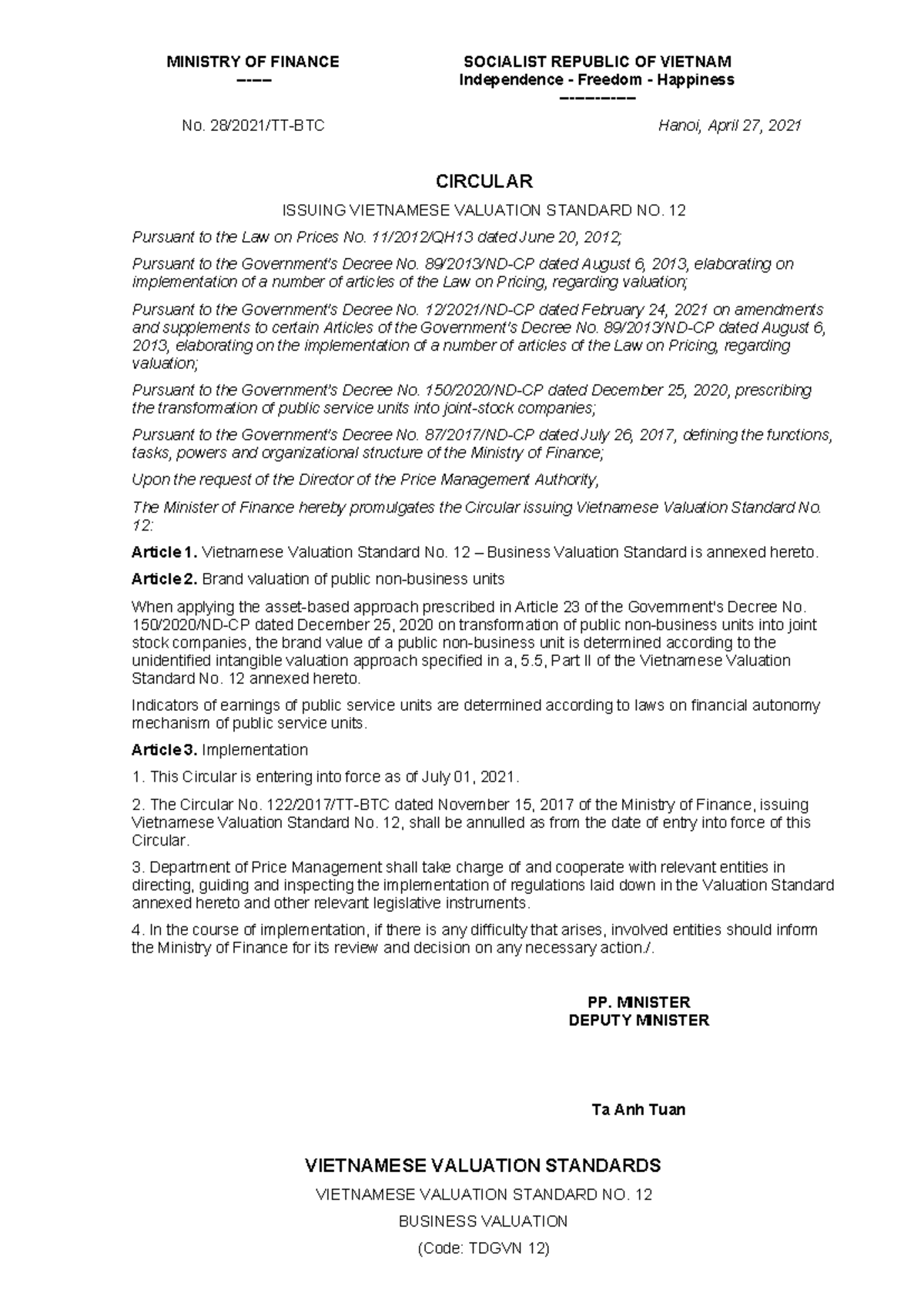 Circular No. 28/2021/TT-BTC: Vietnamese Valuation Standard No. 12 - Studocu