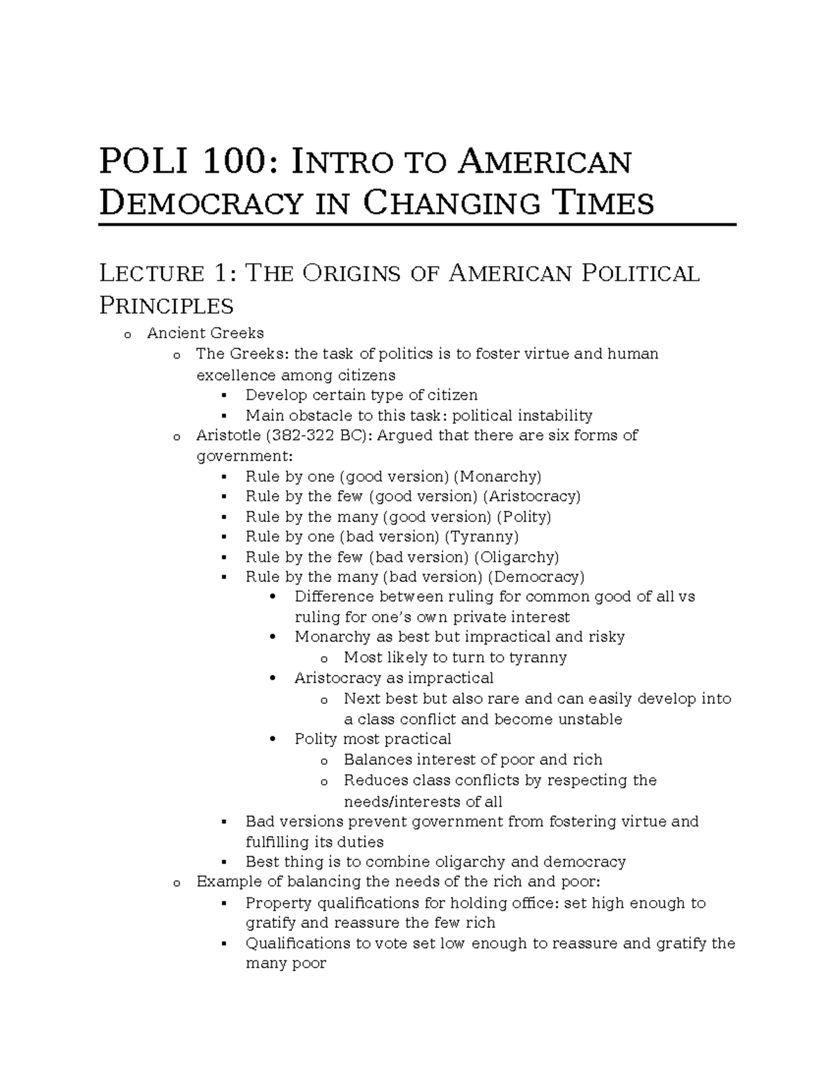 POLI 100: Intro to American Democracy - Lecture 1 Notes - Studocu