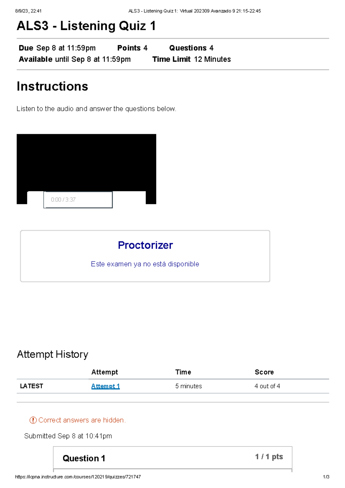 ALS3 - Listening Quiz 1 Virtual (Due Sep 8, 2023) - Studocu