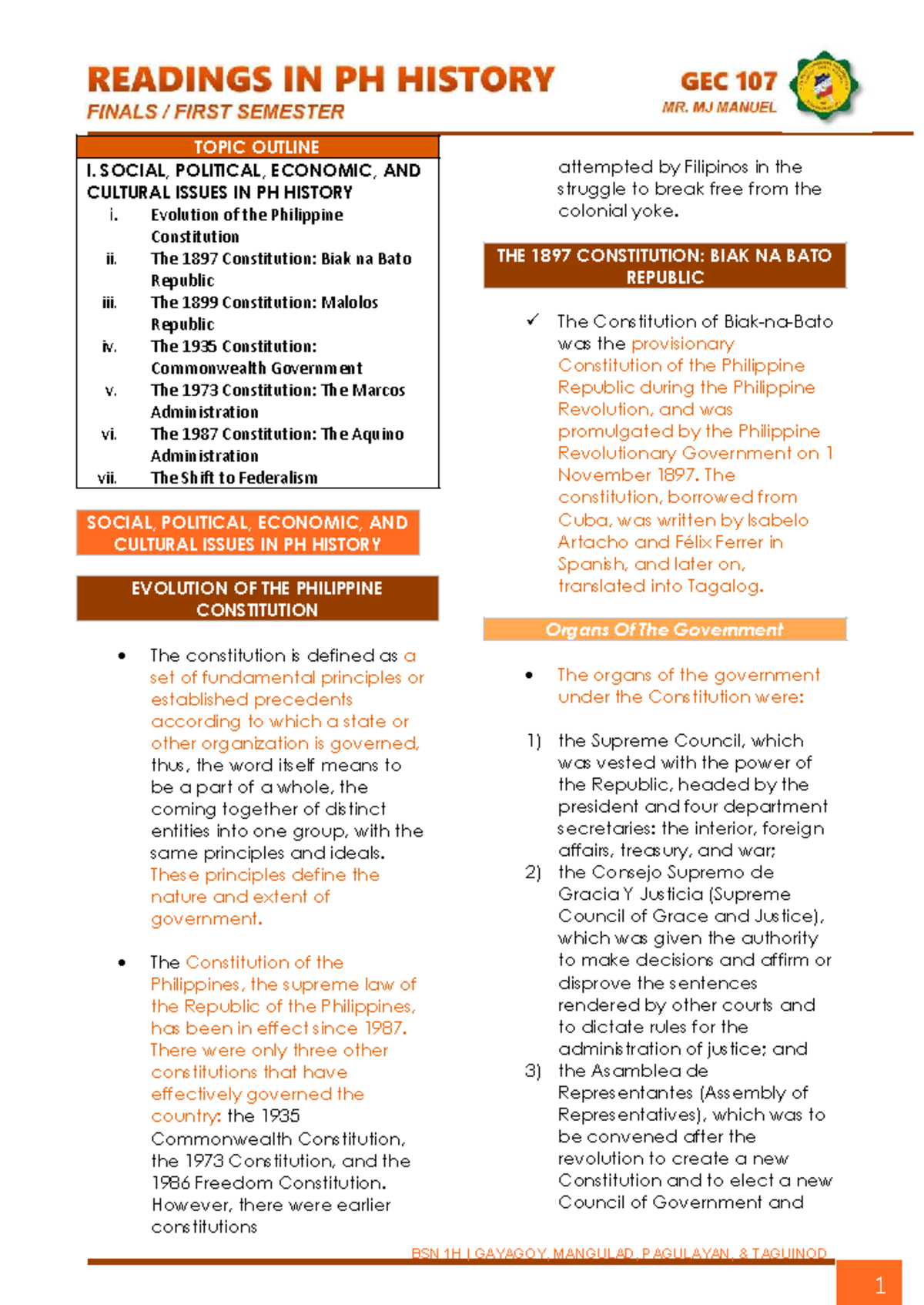BSN 1H - Social, Political, Economic, and Cultural Issues in PH History ...