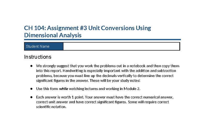CH 104: Week 2 Assignment #3 - Unit Conversions via Dimensional ...