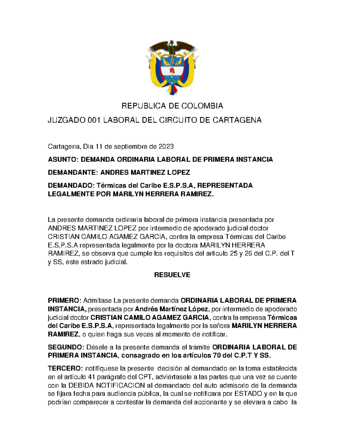 Auto Admisorio de Demanda Laboral - 11092023, Cartagena - Studocu