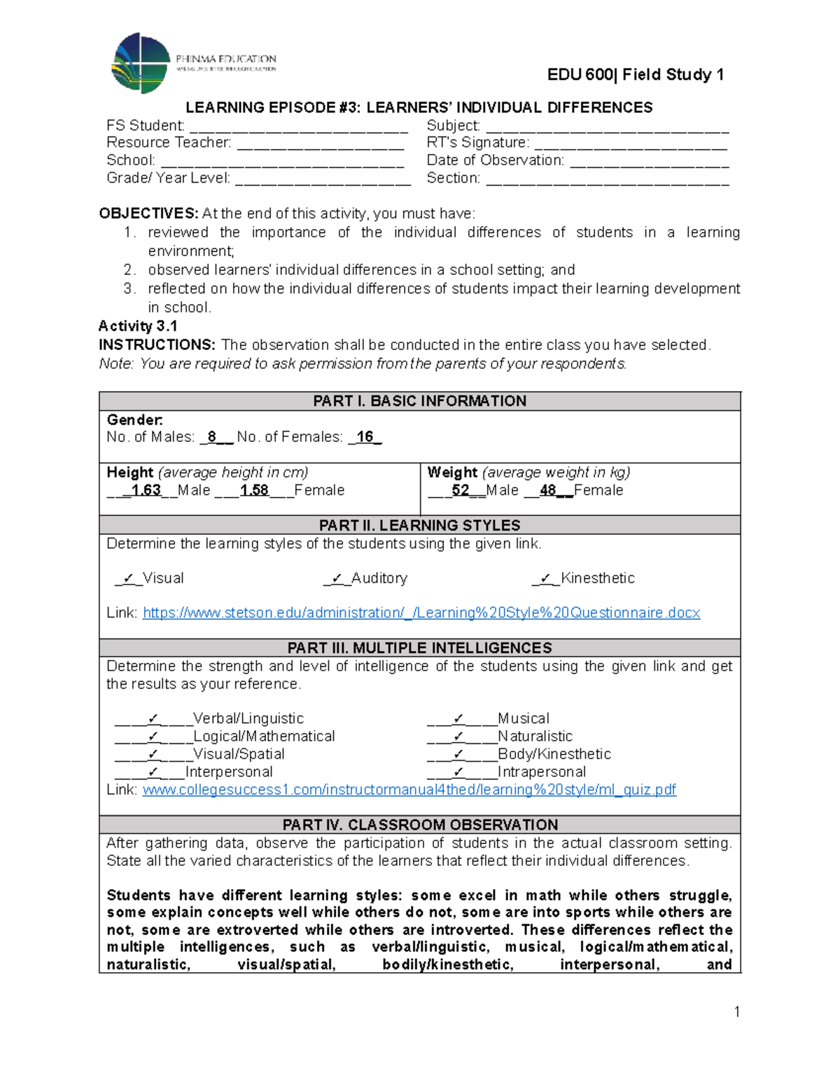 EDU Field Study 1: Observing Individual Differences in Learning - Studocu