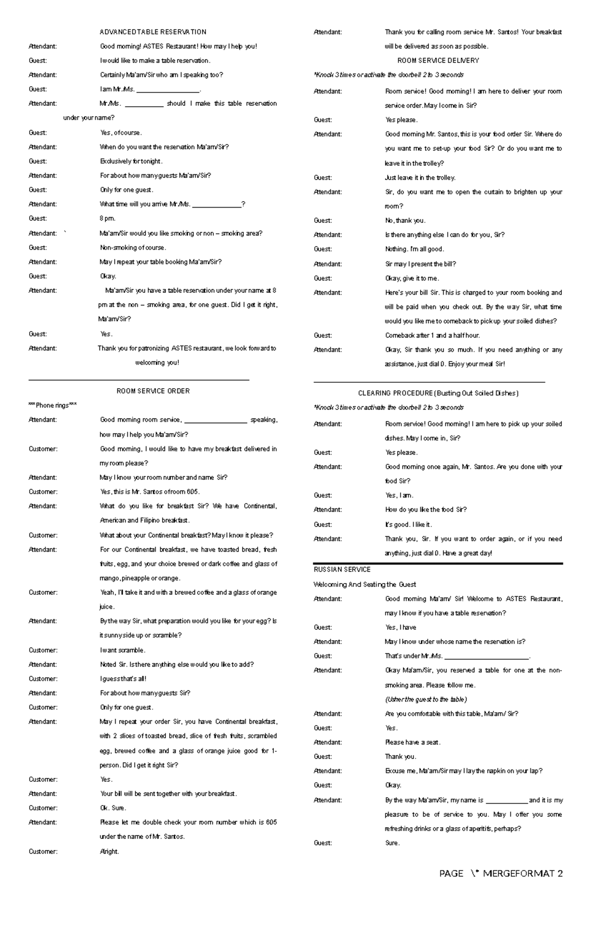 FBS- Scripts-Copy - Script for hotel services - ADVANCED TABLE ...