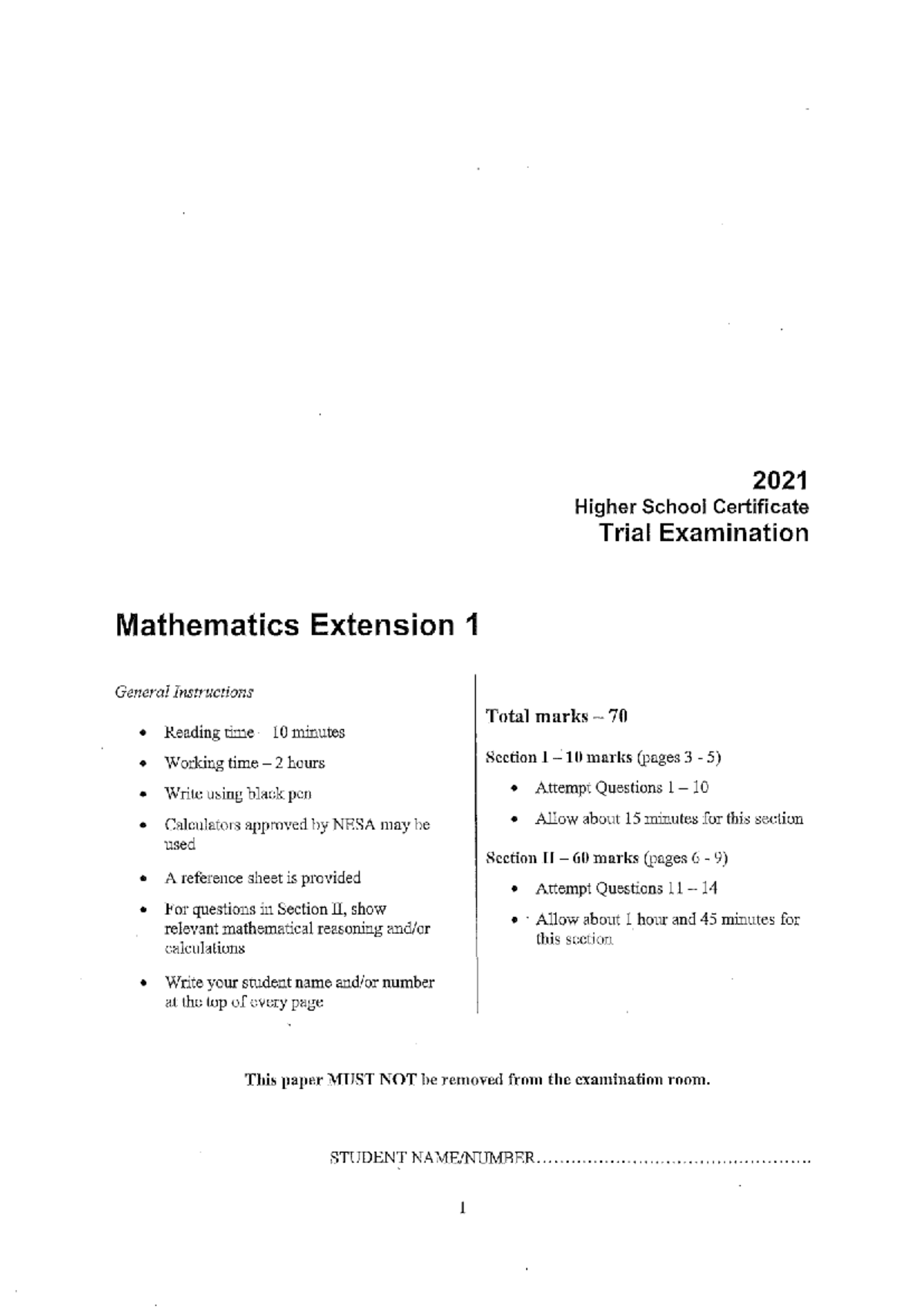 Independent HSC Trial Exam 2021: Mathematics Extension 1 Instructions ...