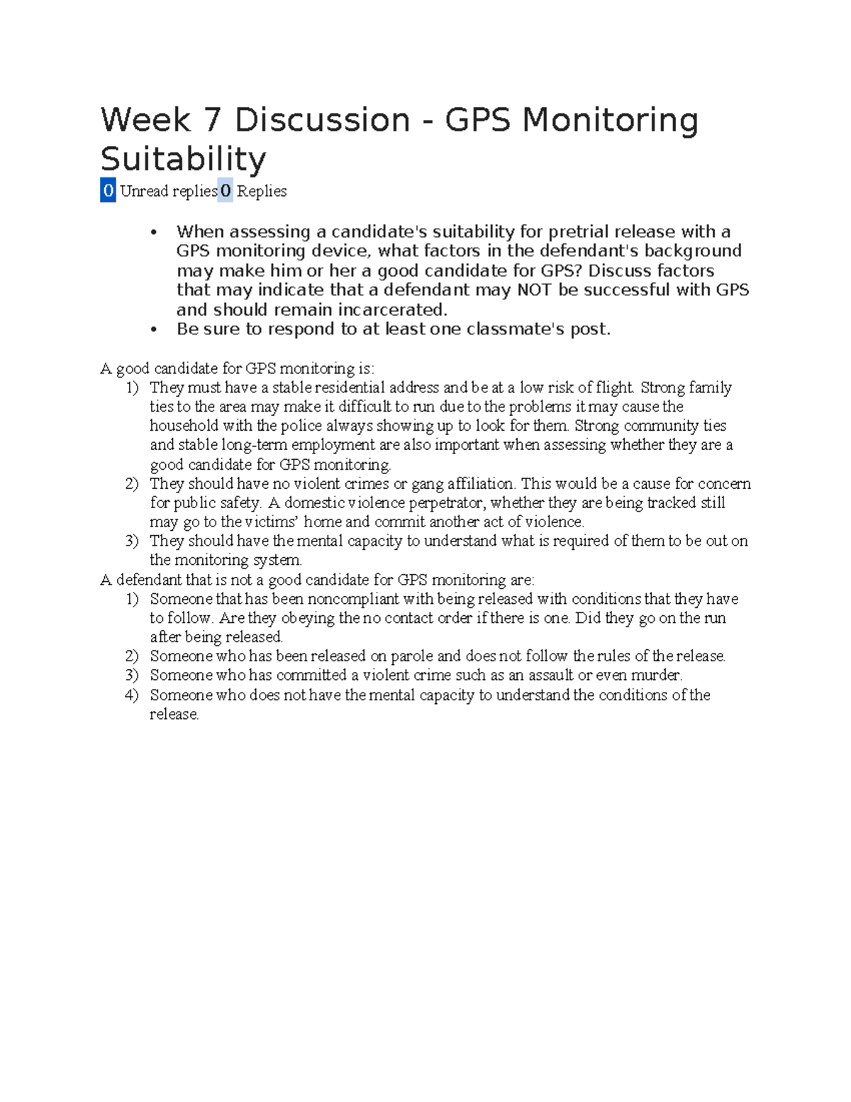 CRJ 317 Week 7 Discussion: Assessing GPS Monitoring Suitability - Studocu