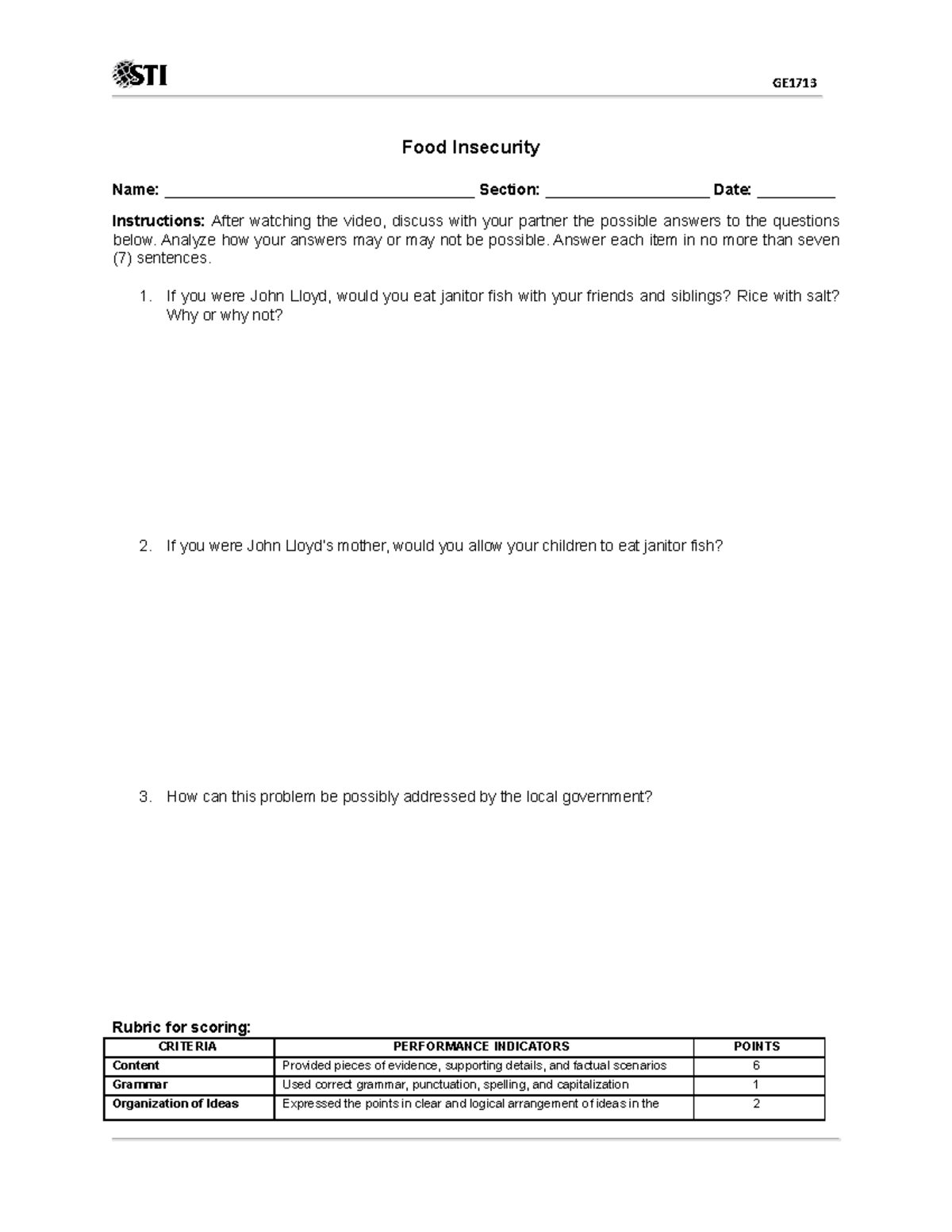 08-Worksheet-1 Food Insecurity - Food Insecurity Name
