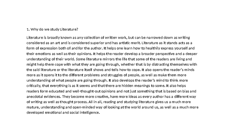 English - The Importance of Literature and Its Role in Our Lives - Studocu