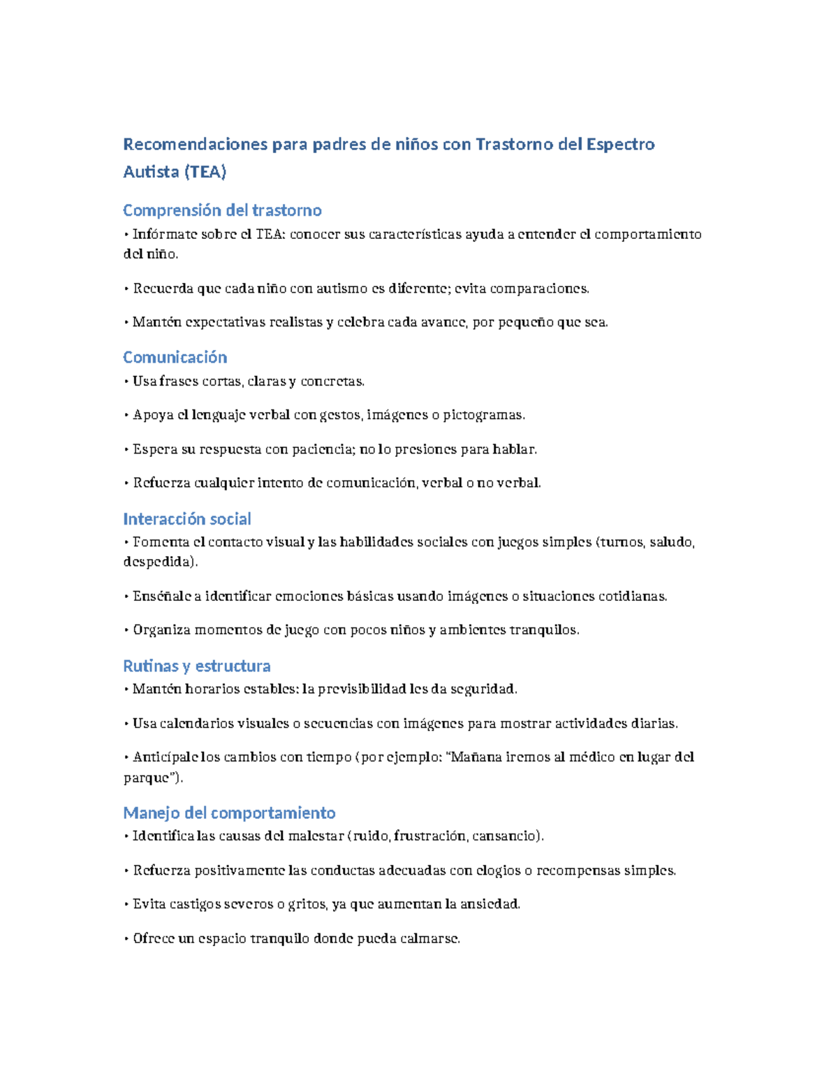 Recomendaciones para Padres de Niños con TEA: Guía Práctica - Studocu