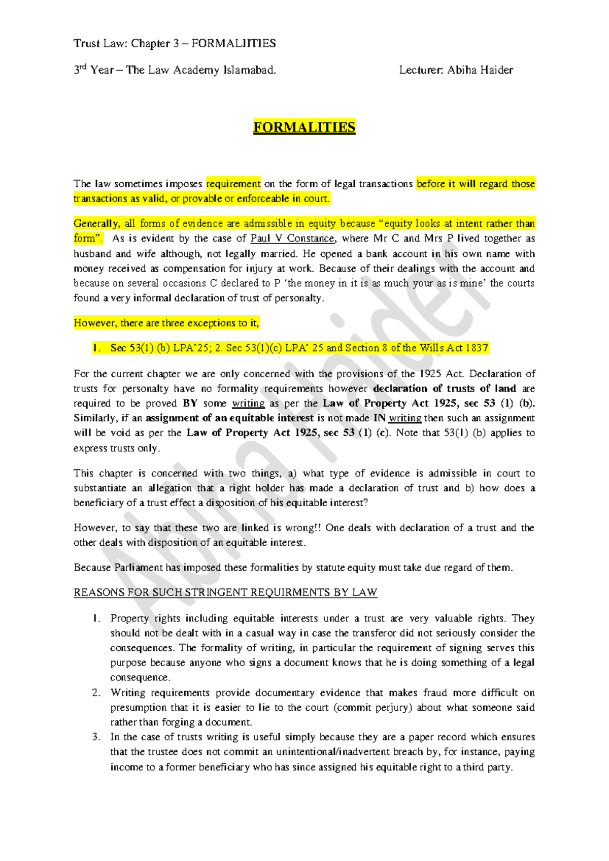 Trust Law - Chap 3 (Formalities) - Trust Law: Chapter 3 – FORMALIITIES 3 rd Year – The Law ...