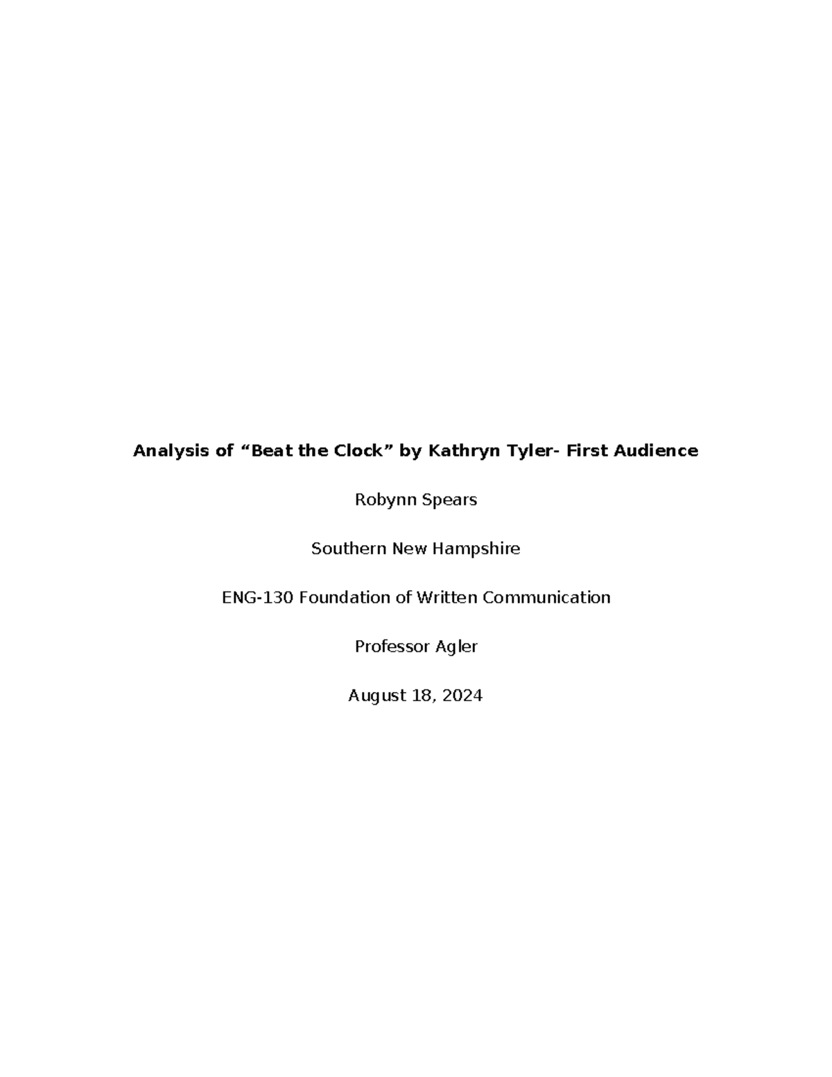 ENG-130 Module 7-1: Analysis of "Beat the Clock" by Kathryn Tyler - Studocu