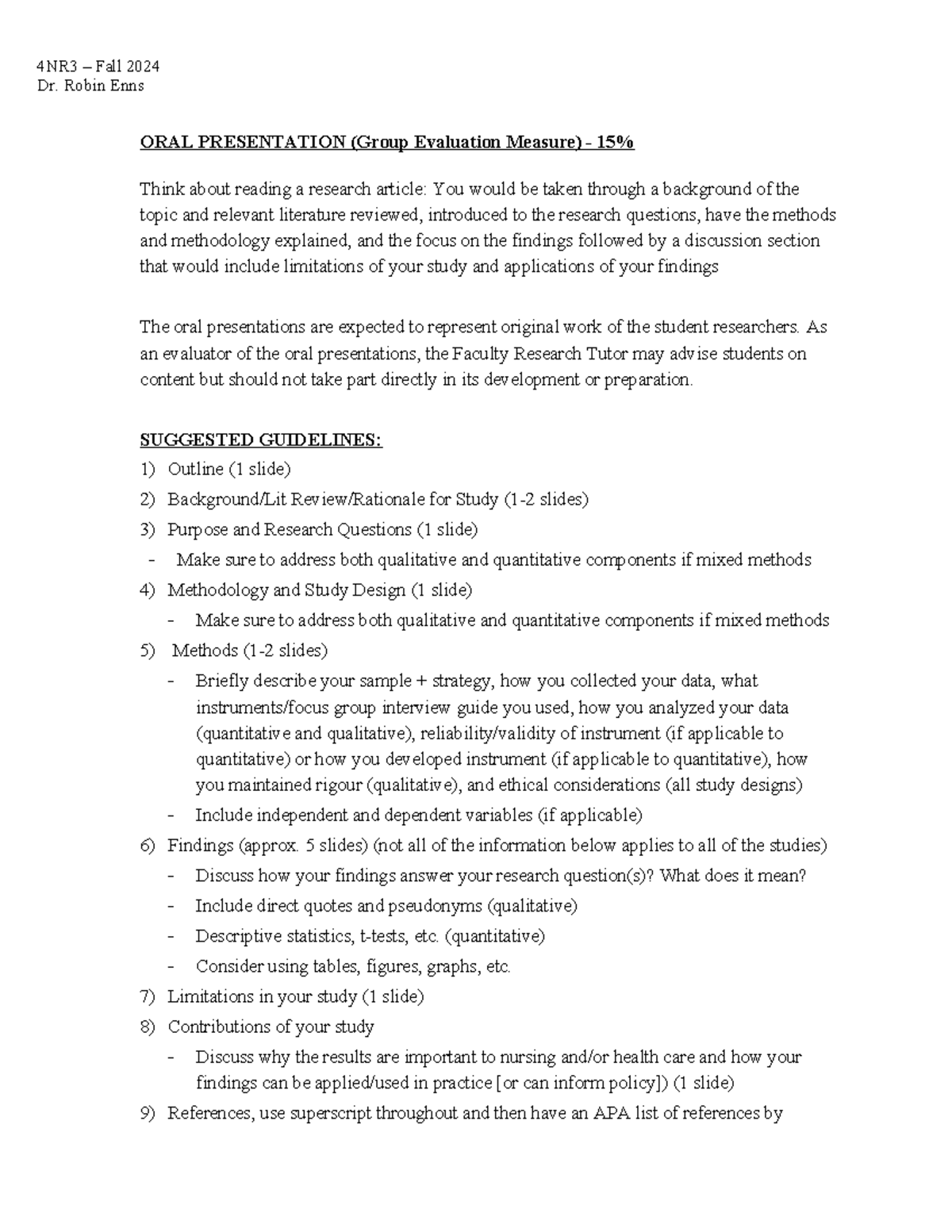 4NR3 Fall 2024 Oral Presentation Guidelines for Group Evaluation - Studocu