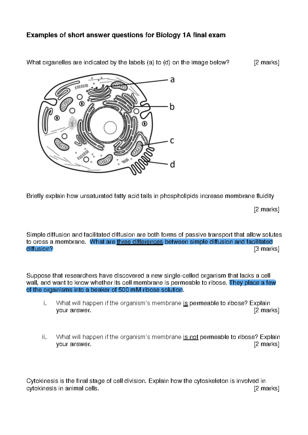 Biology 1A Final Exam: Short Answer Question Examples and Practice ...