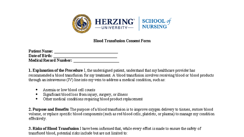 Blood Transfusion Consent Form - Patient Acknowledgment - Studocu