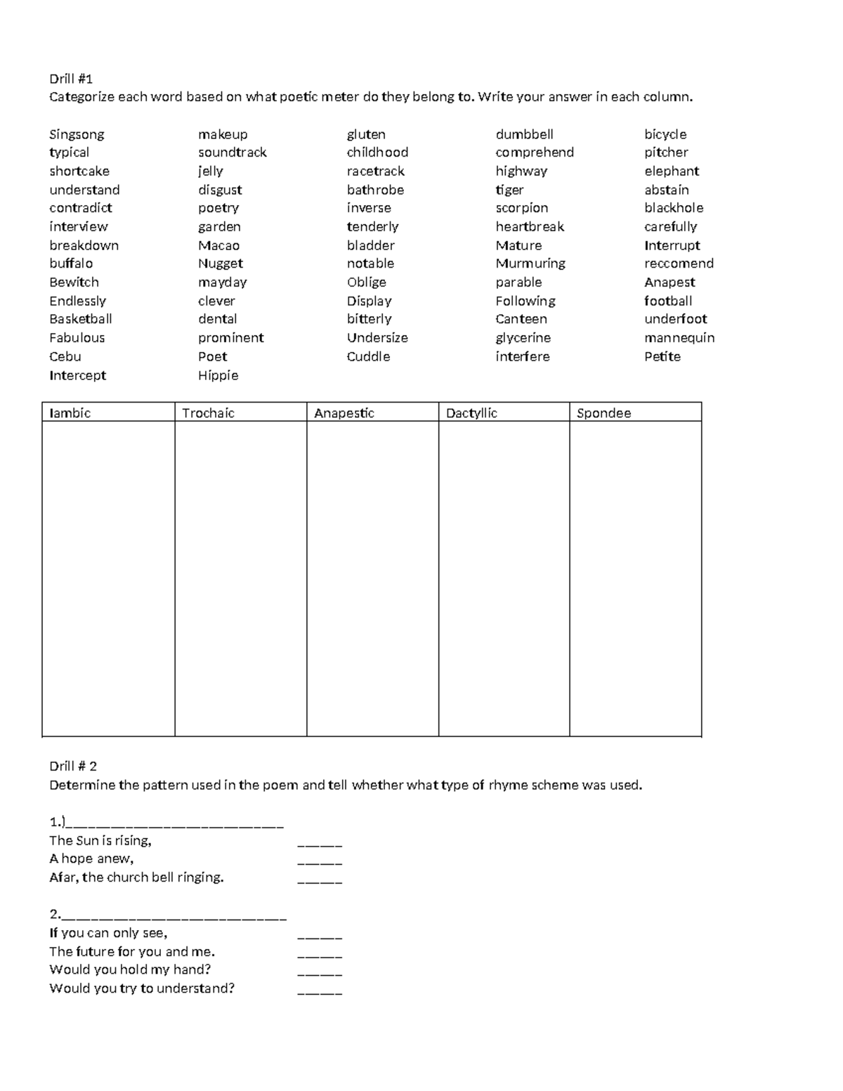 Drill: Poetic Meter & Rhyme Scheme Analysis for Grade 11 - Studocu