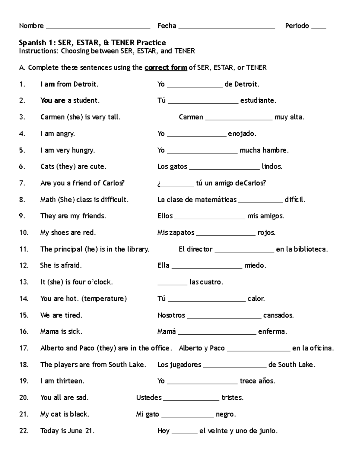 Spanish 1: SER, ESTAR, & TENER Practice Exercises - Studocu
