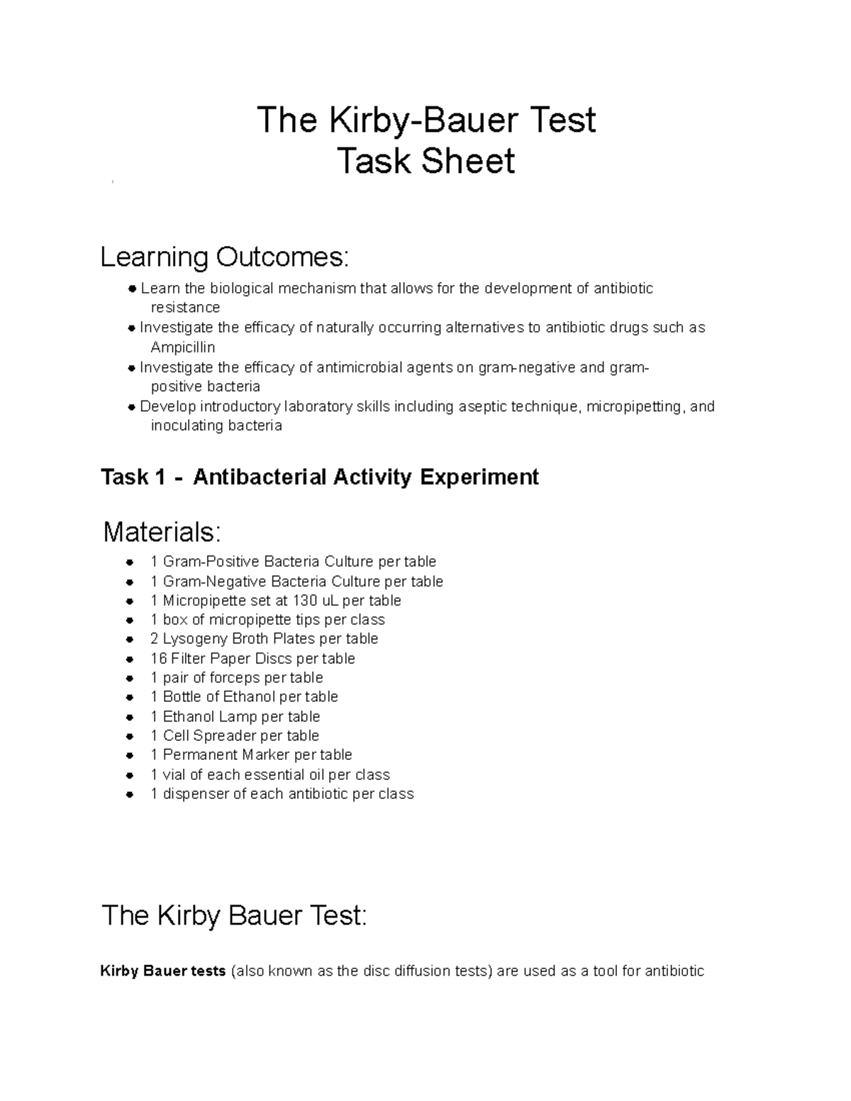 Kirby-Bauer Test Task Sheet: Antibiotic Efficacy Analysis - Studocu