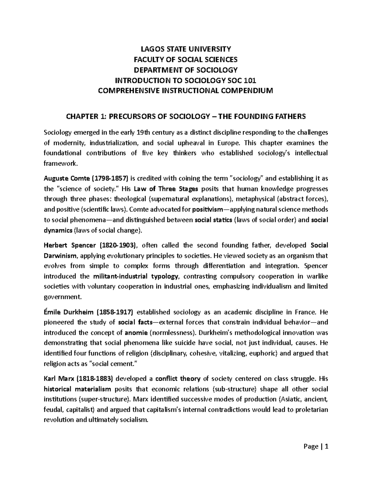 SOC 101 Compendium: Foundational Thinkers in Sociology - Studocu