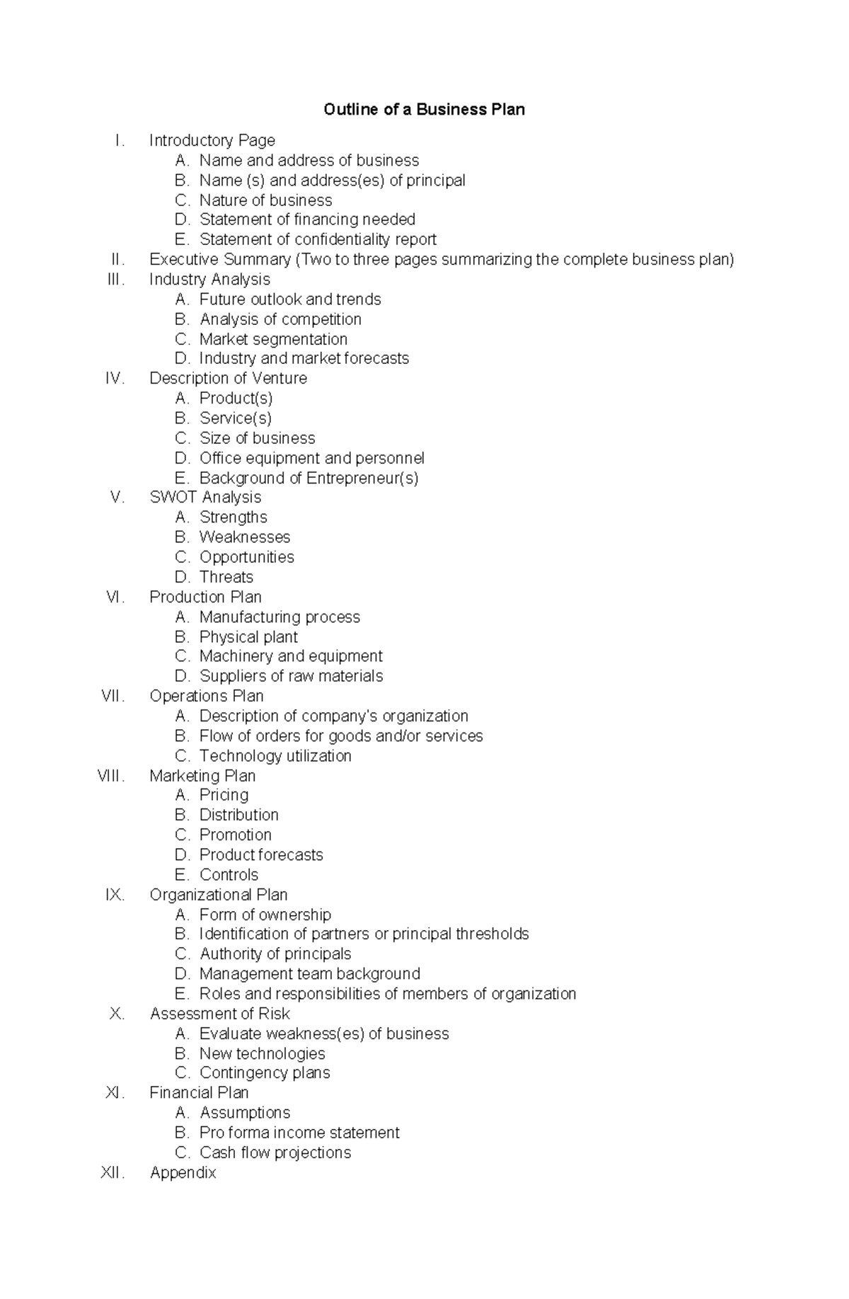 BUS 101: Comprehensive Outline of a Business Plan Structure - Studocu
