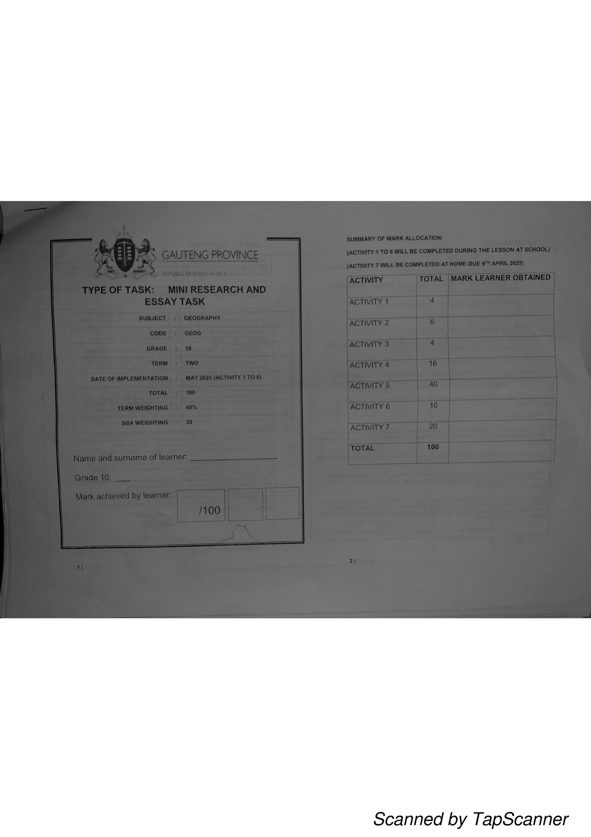 Geography SBA Mark Allocation Summary: Grade 10 (GEOG) Activities 1-7 ...