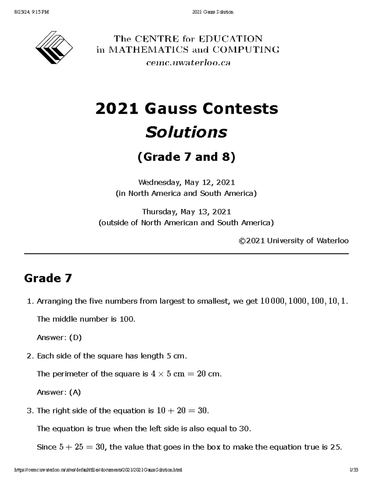 2021 Gauss Contest Solutions for Grades 7 and 8 - Studocu