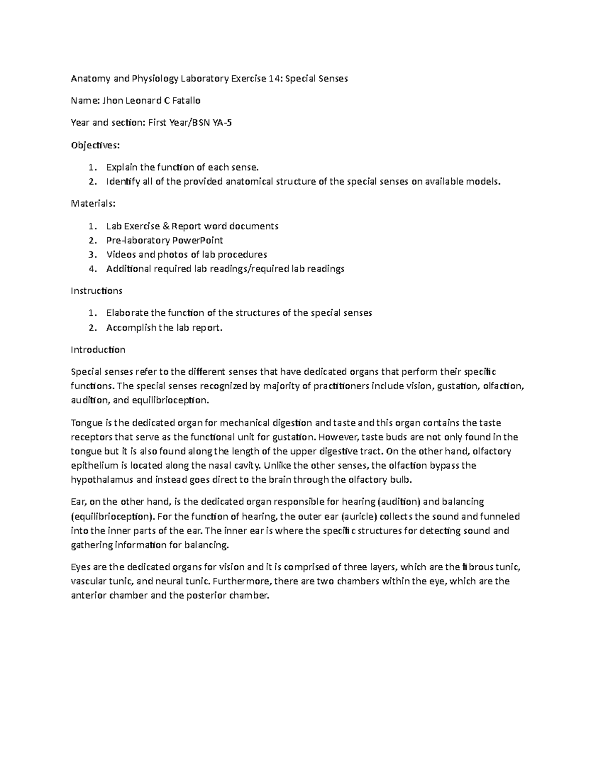 Anatomy and Physiology Laboratory Exercise 14 - Special Senses ...